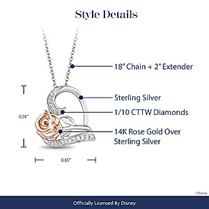 Jewelili Disney Princess Belle Inspired Rose Pendant Necklace with 1/10 CTTW Diamond in 14K Rose Gold over Sterling Silver Enchanted Disney Fine Jewelry