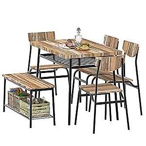 STHOUYN 6 Piece Dinning Table Set for 6, Rectangular Kitchen Table and Chairs Set, Bench, Industrial Metal Frame & Storage Rack, Dining Room, Dinette, Breakfast Nook Small Space (Brown (6 Piece))