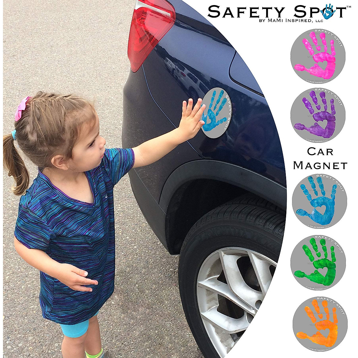 Safety Spot Magnet - Kids Handprint for Car Parking Lot Safety - Gray Background (Green)