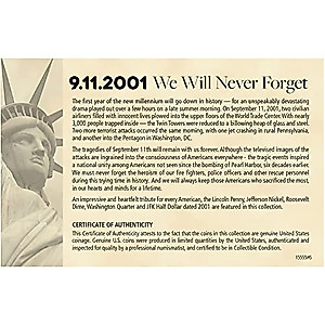 9-11 Never Forget Coin Collection in Display Box, September 11, 2001 Five Piece Coin Set