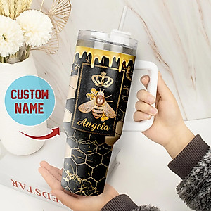 WAZONE Personalized Queen Bee Tumbler with Handle and Straw 40oz Custom Name Double Wall Vacuum Stainless Steel Travel Coffee Mug Novelty Jewelry Style Birthday Gift For Bee Keeper Girls Women