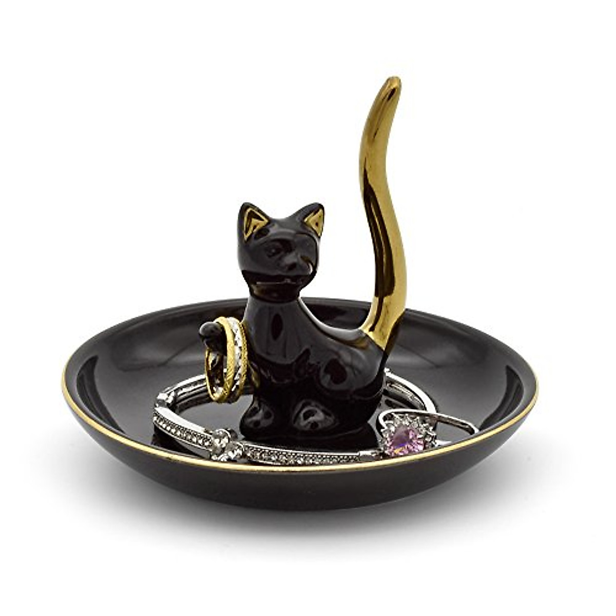 Exembe Happy Cat Posture Trinket Tray Decorative Ring Holder Jewelry Storage Dish Black/Golden Tail