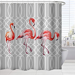 BROSHAN Flamingo Shower Curtains for Bathroom, Elegant Pink Bird Animal Geometric Art Decor Shower Curtain Gray and White 72x72 Inch, Modern Fabric Bathroom Decor Shower Curtain Set