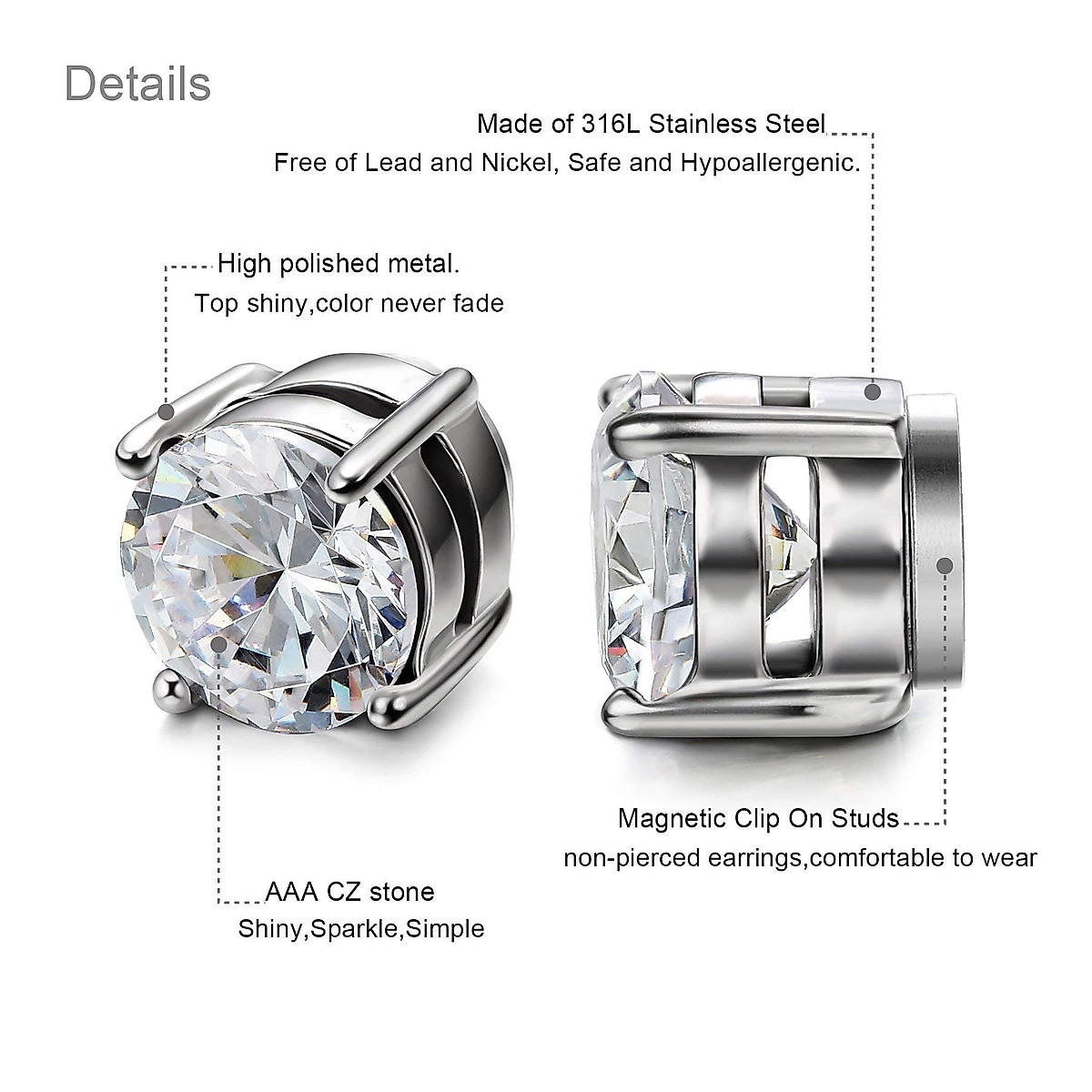 LOYALLOOK Stainless Steel Stud Earrings for Men Women Unisex Cubic Zirconia Inlaid 2 Pairs 8MM