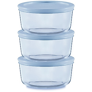 Pyrex Colors (3-Pack, Small) Tinted Glass Round Food Storage Container Set, Snug Fit Non-Toxic Plastic BPA-Free Lids, Freezer Dishwasher Microwave Safe, 2 Cup (x3) Tinted Glass , Blue
