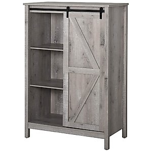HOMCOM Farmhouse Accent Cabinet, Kitchen Cupboard Storage Cabinet with Barn Door and Adjustable Shelf, Gray Oak