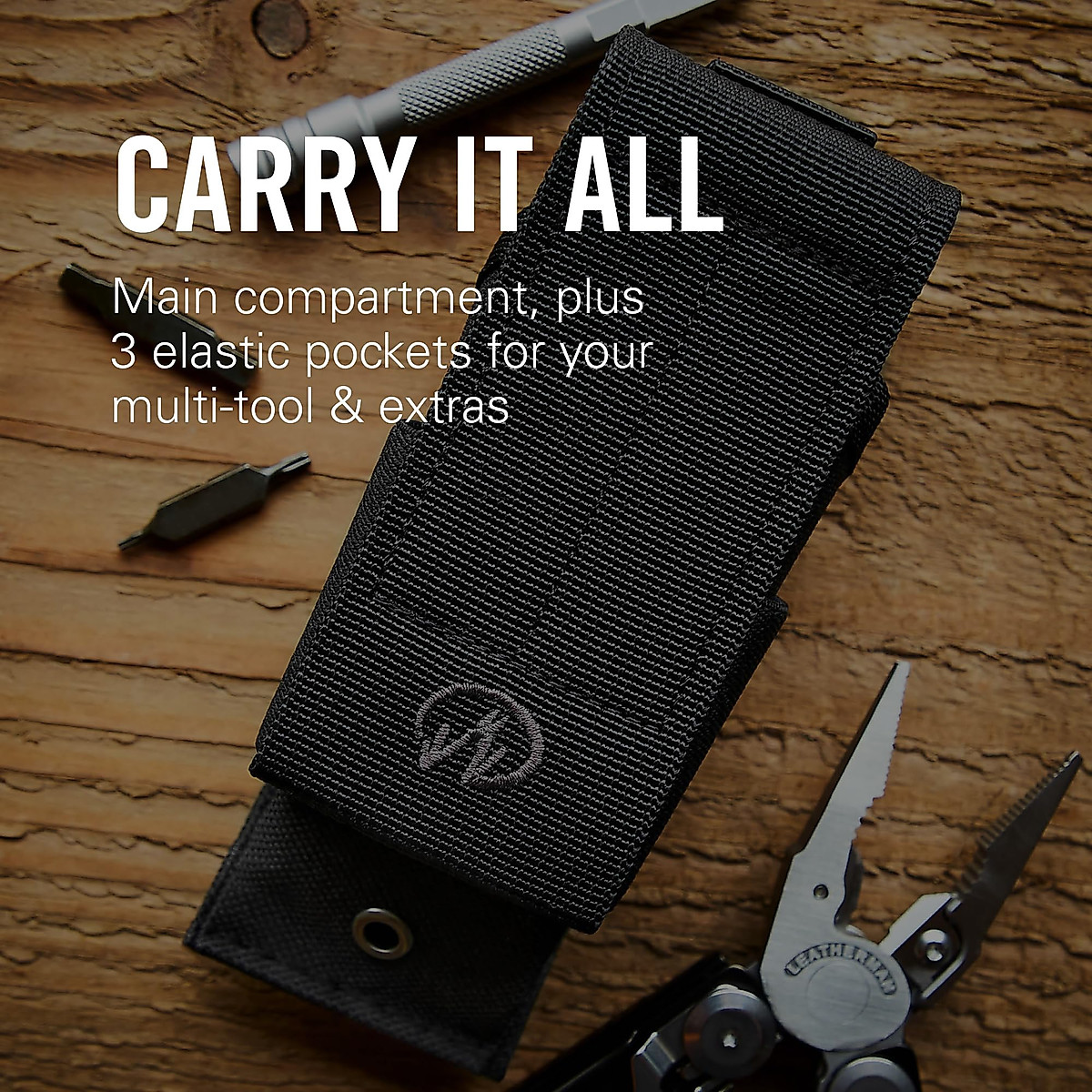 LEATHERMAN, MOLLE Compatible Large Nylon Sheath with Pockets for Multitools, Made in the USA, Fits 4" and 4.5" Tools - Black