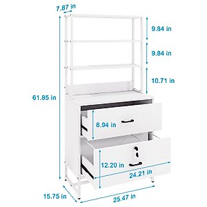 Jehiatek File Cabinets for Home Office with Lock 2 Drawer, Large Vertical Filing Cabinet with Bookshelf, Sturdy, Durable, Easy to Assemble and Clean (White), 25.59'D x 15.75'W x 62'H