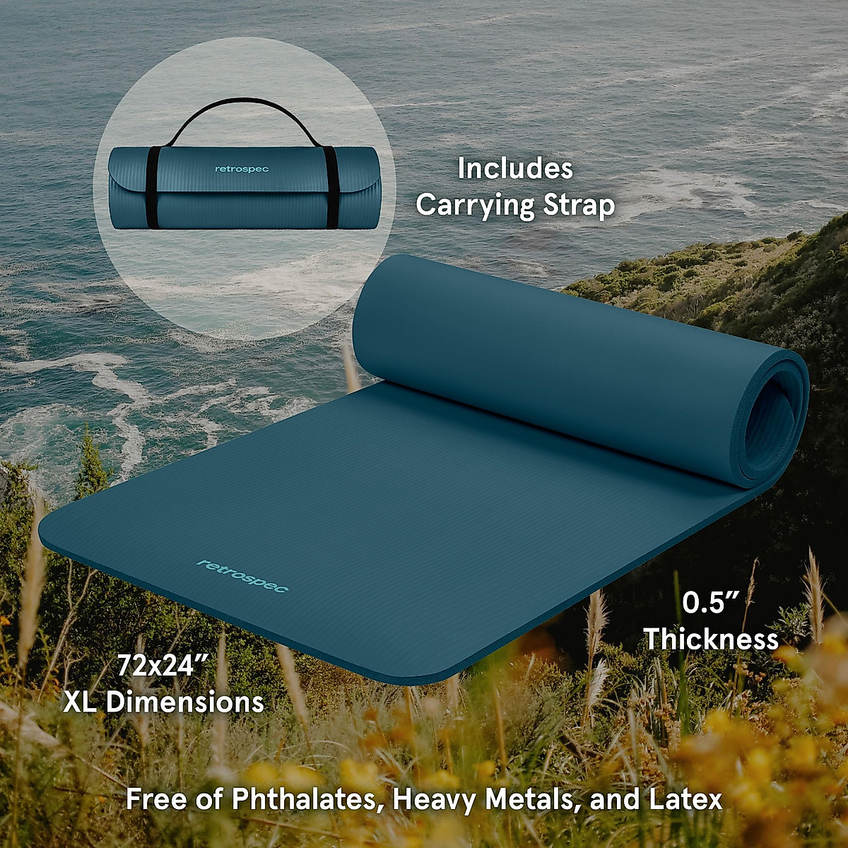 Retrospec Retrospec Solana Yoga Mat 1/2" Thick w/Nylon Strap for Men & Women - Non Slip Excercise Mat for Yoga, Pilates, Stretching, Floor & Fitness Workouts ,Ocean Blue