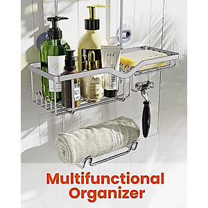 Amada Hanging Shower Caddy, Shower Caddy Over Shower Head, Rustproof Stainless Steel Shower Organizer with Soap Holder & Hooks, Shower Rack for Shampoo, Sponges, Towels, No Drilling Required, Silver