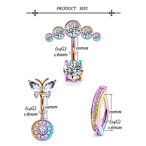 14G Belly Button Rings Belly Rings for Women Stainless Steel CZ Belly Piercing Jewelry Surgical Steel Clicker Belly Button rings Curved Navel Ring Barbell Body Jewelry Piercing Rainbow 7Pcs 10MM
