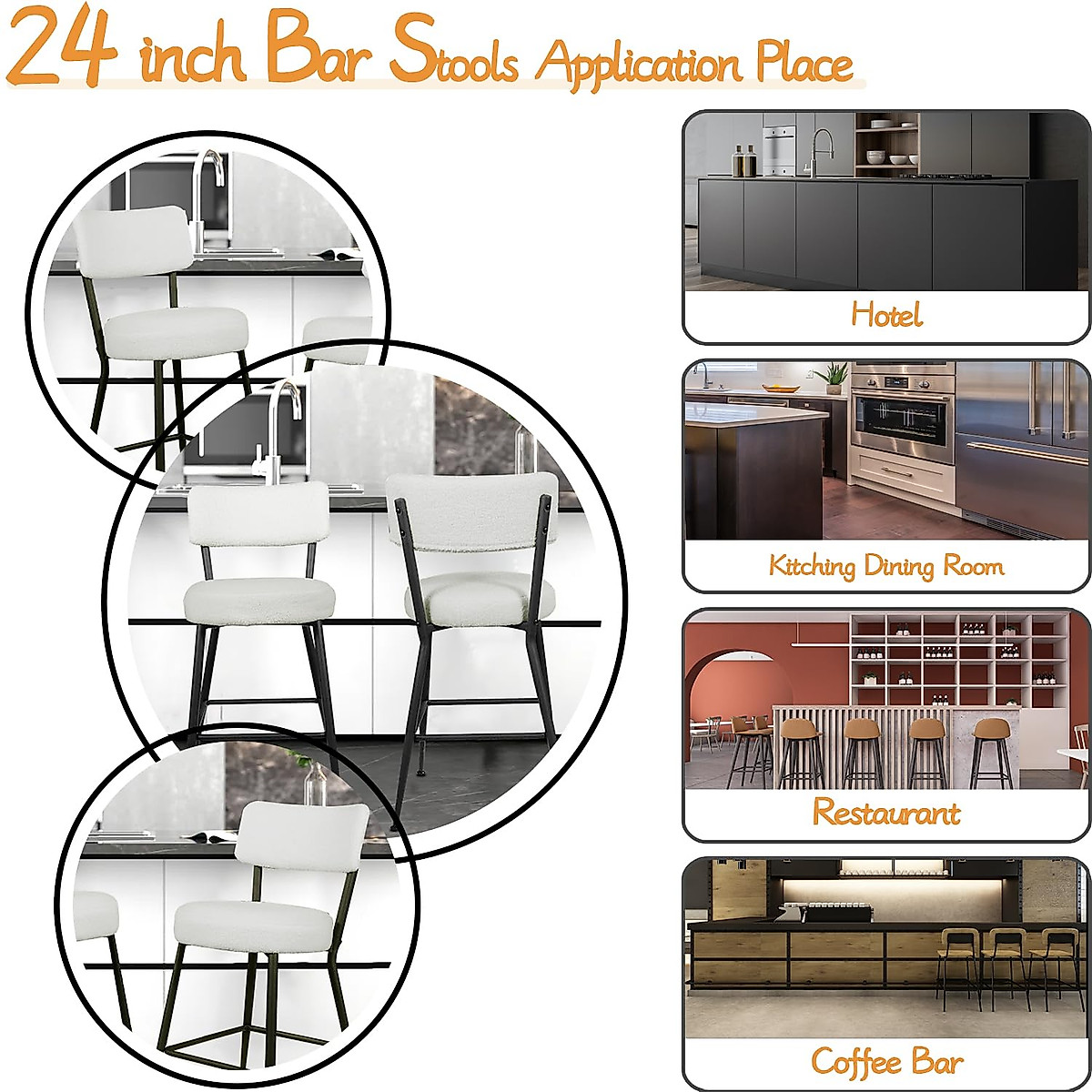 Sucrever 24” Boucle Bar Stools Set of 2, Counter Height Bar Stools with Back, Sherpa Barstools with Black Metal Legs/Footrest, Cream White