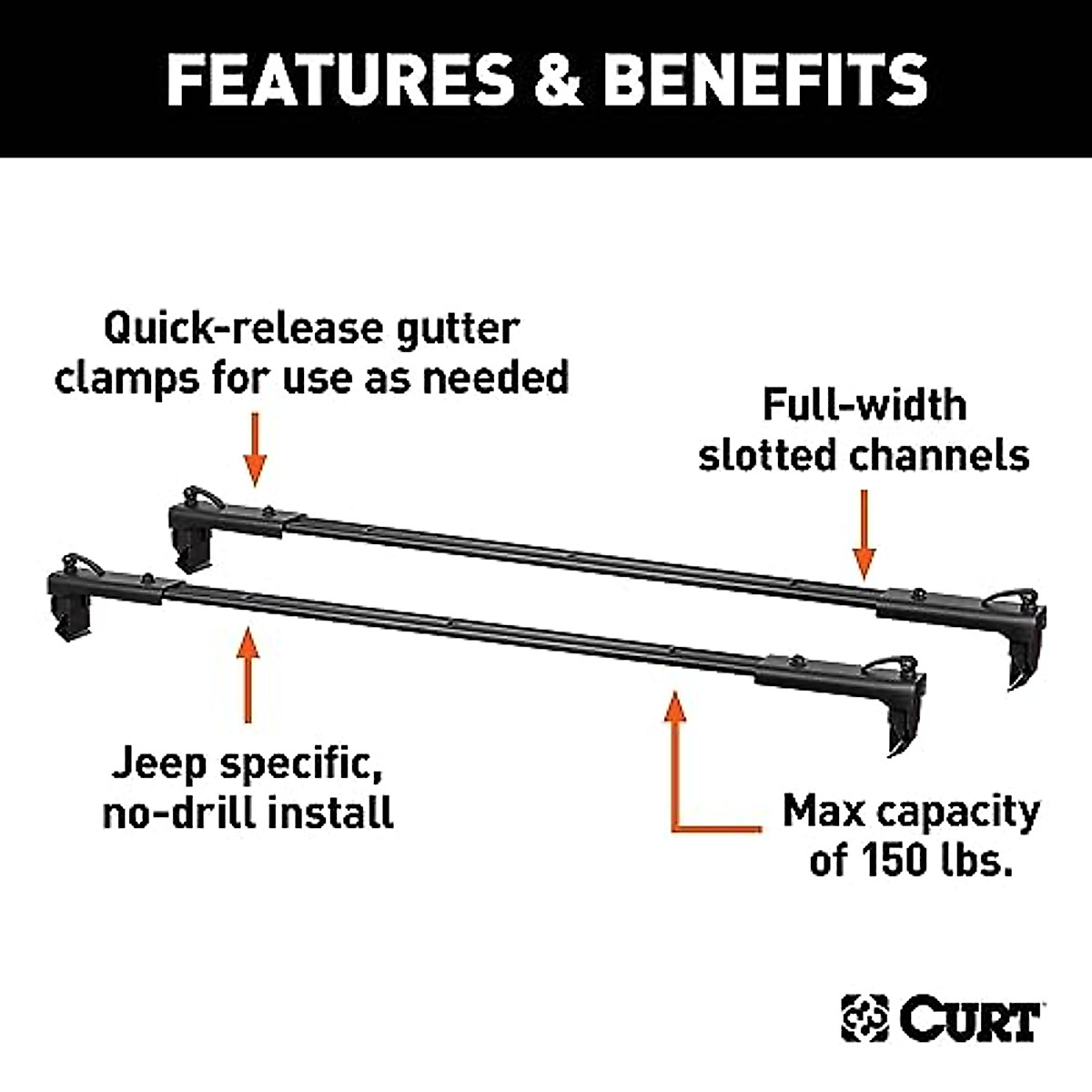 CURT 18122 Black Steel Quick-Release Roof Rack Crossbars, Fits Select Jeep Wrangler JL, Gladiator