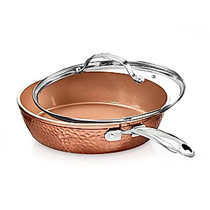 Gotham Steel 12” Nonstick Fry Pan with Lid – Hammered Copper Collection, Premium Aluminum Cookware with Stainless Steel Handles, Induction Plate for Even Heating, Dishwasher & Oven Safe
