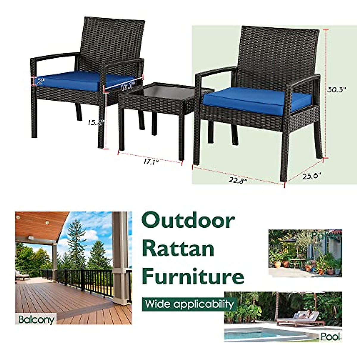 KAWIVAST 3 Pieces Patio Furniture Set, Front Porch Furniture, Rattan Wicker Furniture, Balcony Furniture Set, Small Patio Furniture,Outdoor Patio Furniture, Bistro Sets