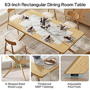 Tribesigns 63-inch Dining Table for 6, Modern Rectangular Dinner Table, Large Kitchen Table with X-Shaped Solid Wood Legs and Faux Marble Tabletop, for Dining Room, Kitchen (Oak and White Marble)