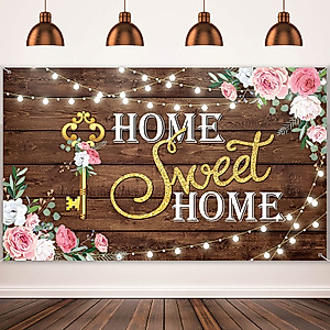 House Warming party Decoration Home Sweet Home banner Backdrop Photography Key Shining Lights Background Pink Floral Wooden Floor Wedding Photo Booth Props 70.8x43.3inches