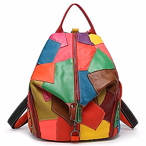 Downupdown Genuine Leather Backpack Contrasting Multicolor Splicing Backpack Fashion Large Capacity Travel Backpack- Multicolor