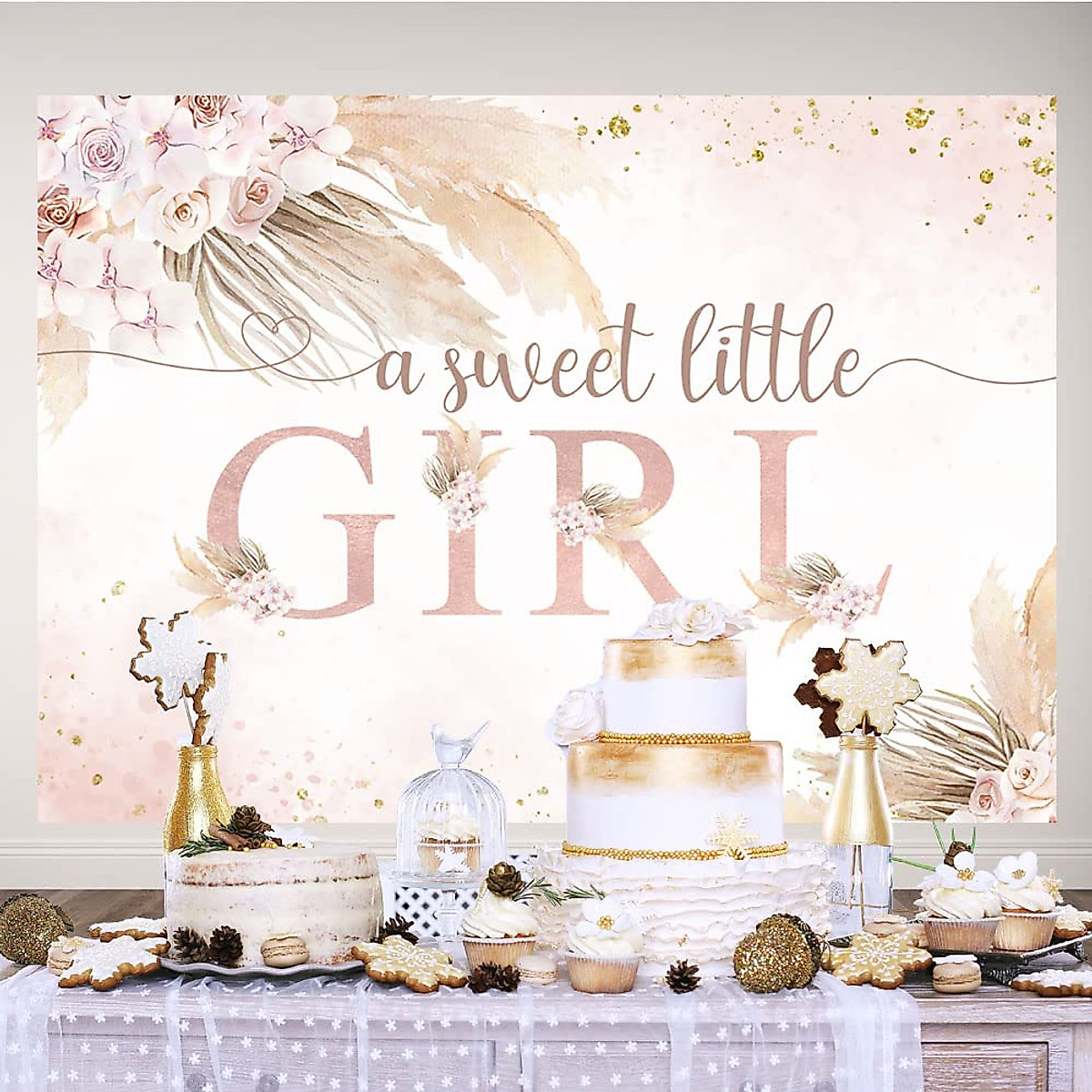 Ticuenicoa 7x5ft Boho Pampas Girls Baby Shower Backdrop A Sweet Little Girl Is On The Way Baby Shower Party Banner Wall Decorations Boho Pink Floral Glitter Dots Girls Baby Shower Background