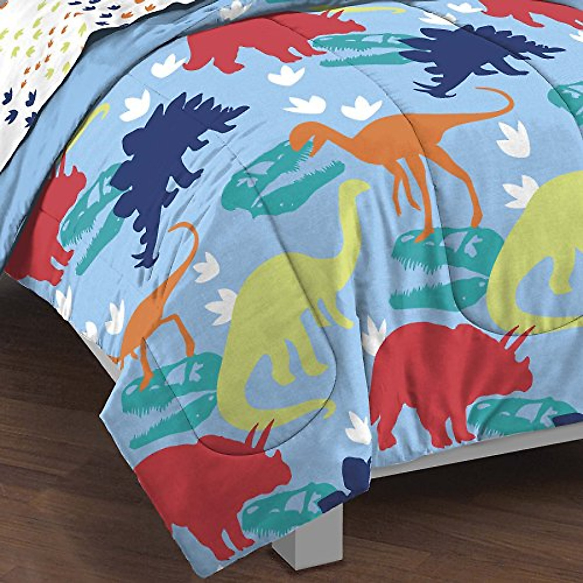 Dream Factory Dinosaur Prints Boys Comforter Set with Sheets, Kids Bedding Bed in a Bag, Multi-Colored, Twin, Blue Red