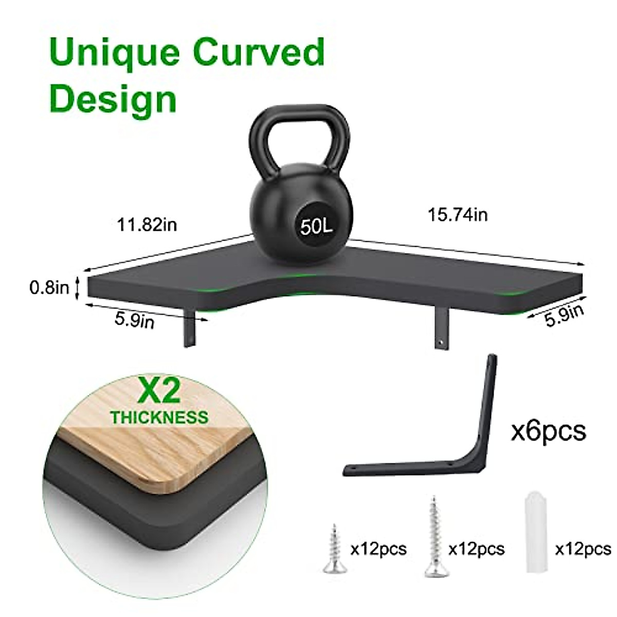 Buwico Corner Floating Shelves, Black Wall Mount Corner Shelf, Rustic Wood Wall Storage Shelves Set of 3, Solid Wood Corner Wall Shelf for Bedroom, Living Room, Bathroom, Kitchen, Office (Black)