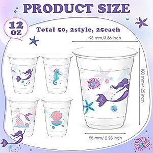 Yaomiao 50 Pieces Mermaid Party Cups Bulk 12 Oz Disposable Plastic Under the Sea Drinking Cups Mermaid Tail Shell Starfish Beverage Cups for Ocean Mermaid Birthday Baby Shower Party Supplies (Cute)