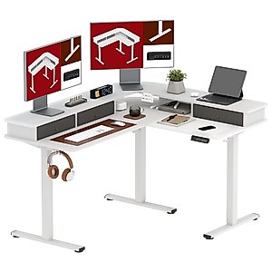 SANODESK 55" L Shaped Standing Desk with 3 Drawers, Height Adjustable Stand up Desk, Corner Gaming Desk with Monitor Stand, White Frame/White Top