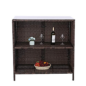 Polar Aurora 3PCS Patio Bar Set with Stools and Glass Top Table Patio Wicker Outdoor Furniture with Beige Removable Cushions for Backyards, Porches, Gardens or Poolside