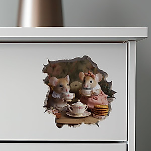 Tea Time Mice Mouse Hole Wall Decal with 3D Effect – Whimsical Removable Vinyl Sticker for Kids' Rooms & Home Decor