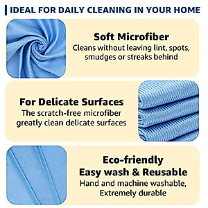 Silver Star Glass & Window Microfiber Cleaning Cloth – Reusable, Soft, Lint-Free, Streak-Free, Scratch-Free (Light Blue, 16" x 16", 6Pack)