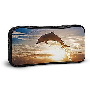 Dolphin Jumping Sea Surface at Sunset Pencil Case Pencil Pouch Coin Pouch Cosmetic Bag Office Stationery Organizer