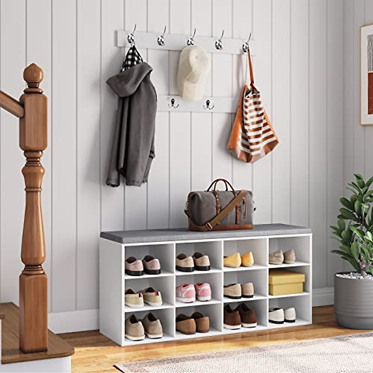 HOOBRO Shoe Storage Bench with Cushion, Entryway Bench, 39.4" Hall Tree, Coat Rack, 12 Cubbies, Holds up to 330 lb, Shoe Rack, Storage Cabinet for Bedroom, Hallway, White and Gray WT112HX01