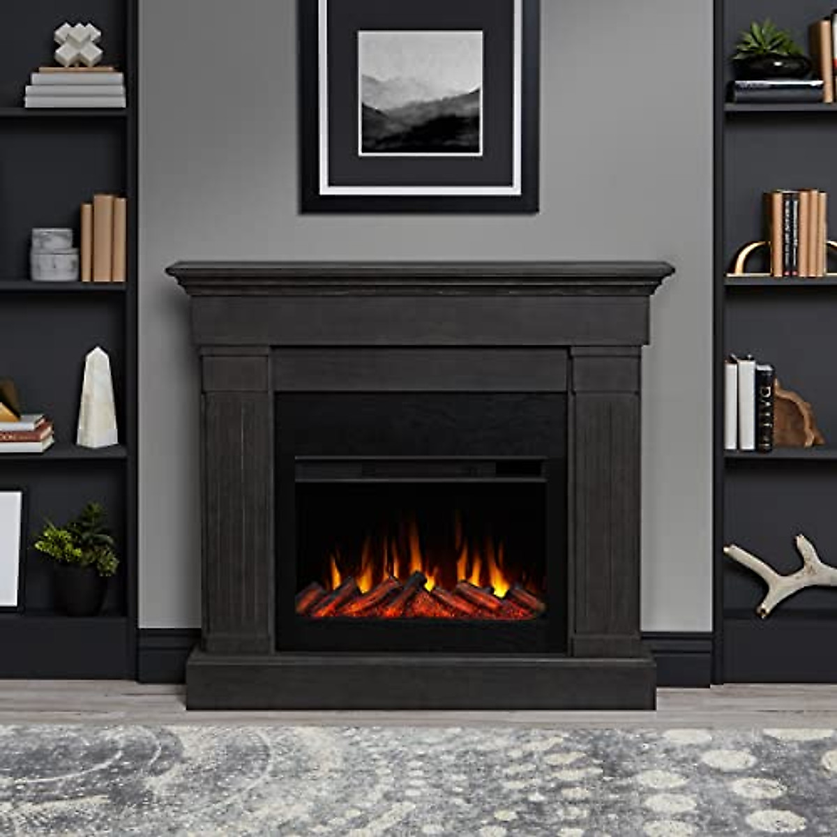 Real Flame Crawford Slim Indoor Electric Fireplace, Grey, Free-Standing with Real Wood Mantel Finish - 6 Flame Colors, Adjustable Thermostat, 120V, 1400W, 5100 BTUs