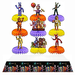 Birthday Party Supplies for Five Nights at Freddys, 9 Pcs Table Decoration 2-Side 3D Honeycomb Centerpiece and Tablecloth for Fnaf Birthday Party