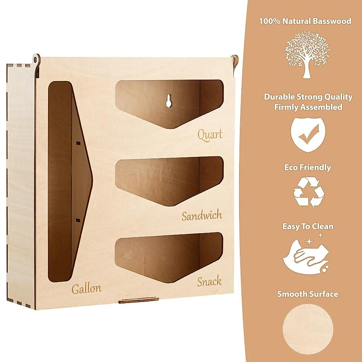 Storage Bag Organizer - Wooden Baggie Organizer for Drawer, Bass Wood - Quart, Snack, Gallon Size, Sandwich Bag Holder - Plastic Bag Organizer with Hinged Lid, Engraved Labels - 11.6x12x3.25"