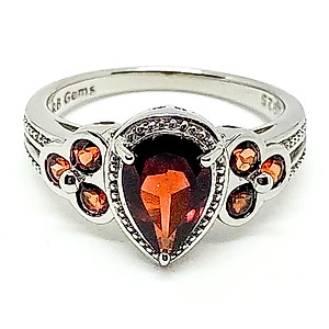 RB Gems 925 Sterling Silver Ring Genuine Gems Pear Shape 9x6 mm with Bezel-set Accented Gems, Rhodium-Plated Finish (Garnet, 9)