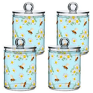 MNSRUU 2 Pack Qtip Holder Organizer Dispenser Daisies and Honey Bees Bathroom Storage Canister Cotton Ball Holder Bathroom Containers for Cotton Swabs/Pads/Floss