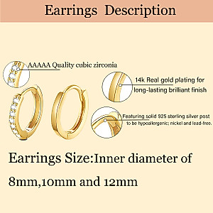 Cocadant Small Gold Hoop Earrings for Women,14K Real Gold Plated Huggie Hoop Earrings Hypoallergenic Tiny Cartilage Earring Sets for Multiple Piercing 8mm 10mm 12mm
