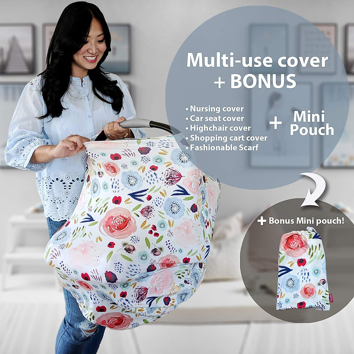 Pobi Baby Car Seat Covers and Nursing Cover - Soft and Stretchy Floral Pattern (Beauty)