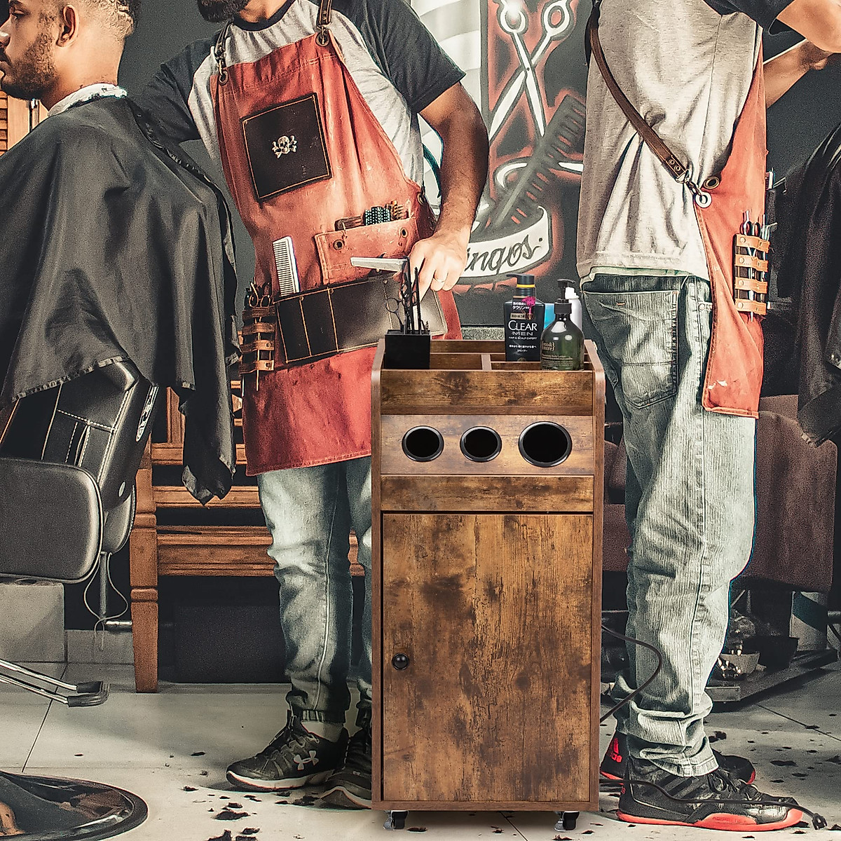 Sardoxx Classic Salon Cabinet Beauty Salon Movable Spa Locking Cabinet, 4 Desktop Storge Units, 3 Hair Dryer Holes, Locker with Us Socket for Salon Spa, Barber Shop, Bathroom, Wood Grain