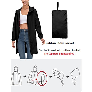 Mapamyumco Women's Ultra-Light Packable Waterproof Long Rain Jacket, Hooded Raincoat with Zipper Pockets Black XL