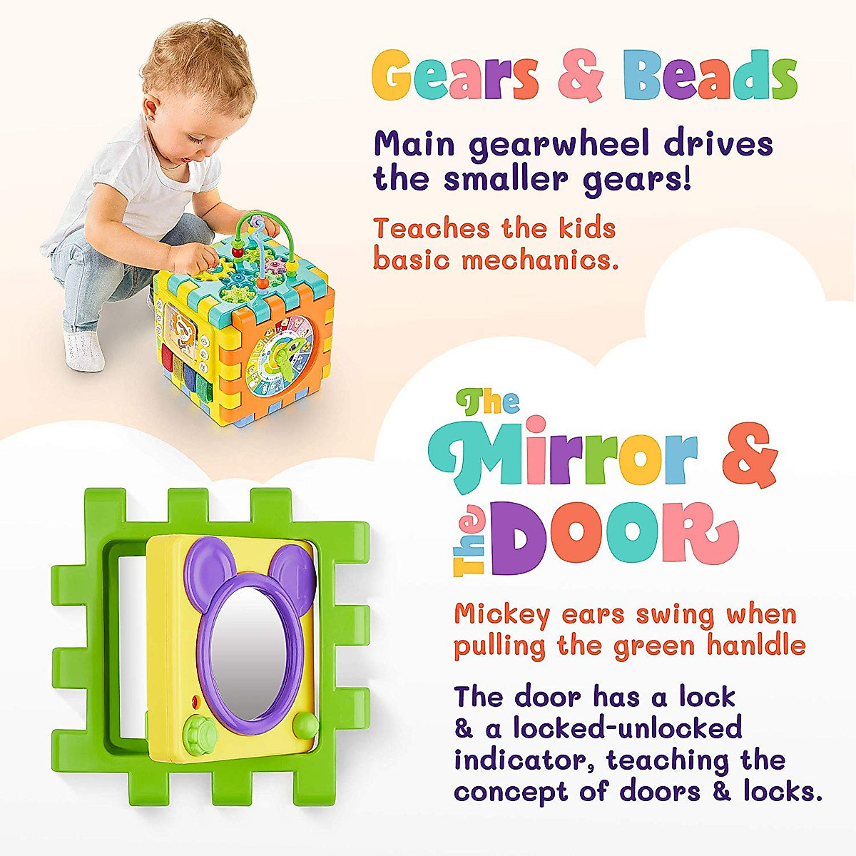 BABYSEATER Baby Activity Cube – 6-in-1 Multi-Assembly Activity Square for Babies 10m+ – BPA-Free Play Cube for Infants & Toddlers Teaches Cognitive & Motor Skills with Music, Shapes, Gears & More