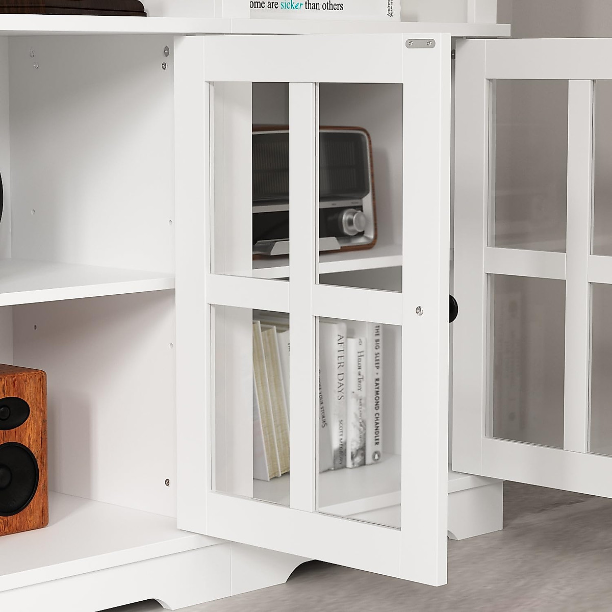 AIEGLE Entertainment Wall Unit Set with Bridge, Modern TV Stand with Glass Doors & Shelves, Large Console Table for TVs Up to 70", Living Room Storage Bookshelf Set, White (102" Wx14.6 Dx78.2 H)