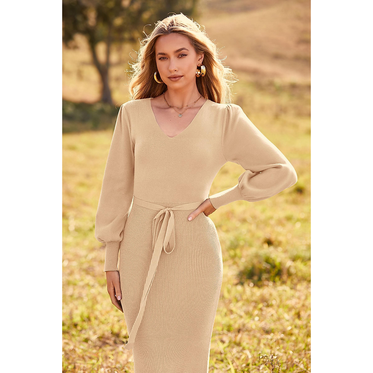 PRETTYGARDEN Women's Fall Knit Pullover Sweater Dress Elegant Long Lantern Sleeve V Neck Winter Maxi Bodycon Dresses (Apricot,Medium)