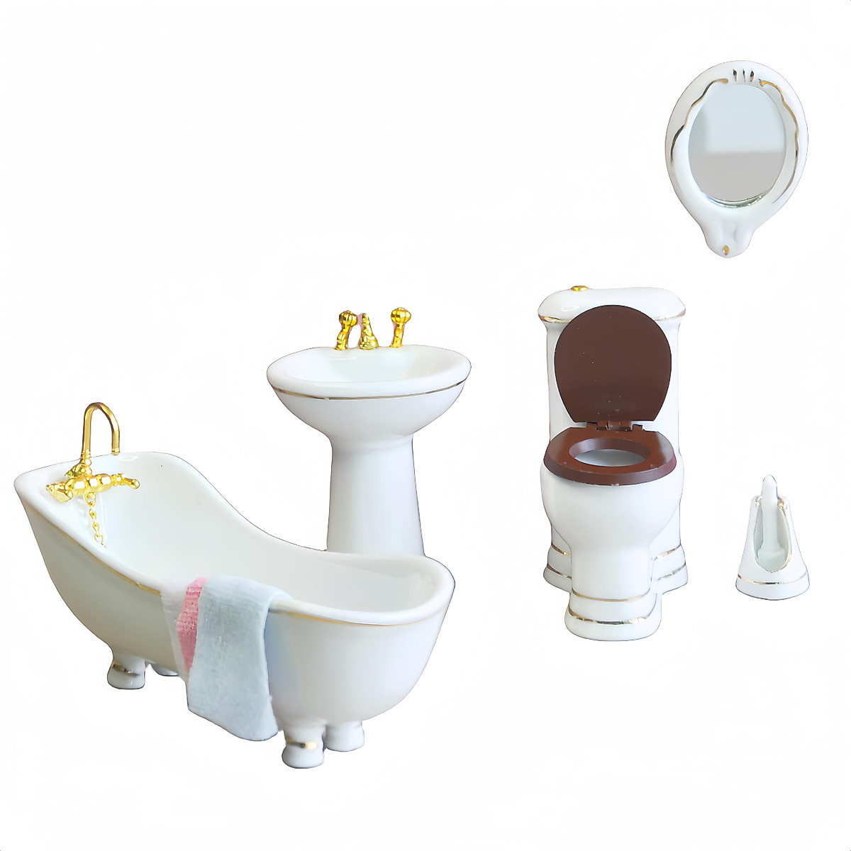 SUCCUNA Dollhouse Accessories Bathroom Set 1 12 Scale Dollhouse Furniture Miniatures Toys Mini Ceramic Toilet Washbasin Mirror Bathtub with 3 Towels for Dollhouse Restroom Decoration