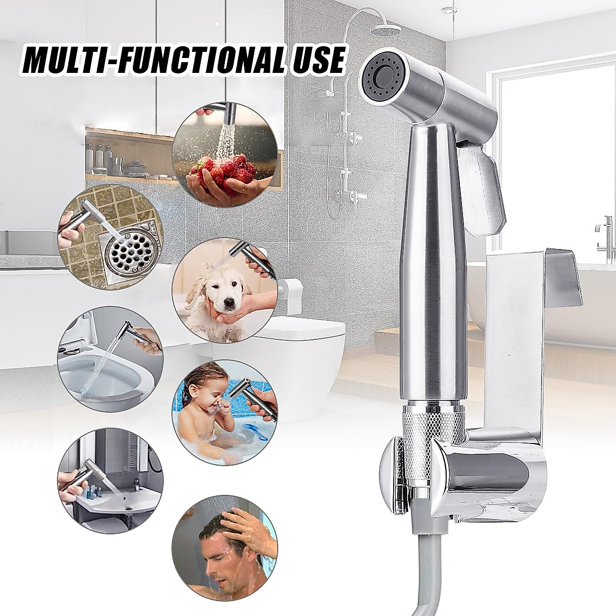 MUMENG Handheld Bidet Sprayer for Toilet Kit,Adjustable Water Pressure,Stainless Steel Diaper Sprayer Set,Hand Held Head for Personal Hygiene and Pets Cleaning with Retractable Spring Hose and Holder