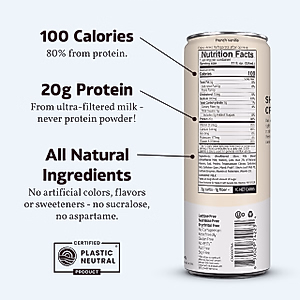 Slate Milk - High Protein Milk Shake - French Vanilla - Lactose Free, 20g Protein, 1g Sugar, 100 Calories, 1g Net Carbs, No Added Sugar - Natural, Breakfast Boost, Post Workout - 11 fl oz, 12 Cans