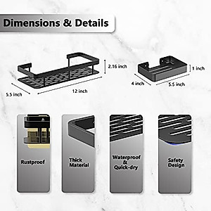 ZVOSOO Shower Caddy, Rustproof Black Bathroom shower organizer,Stainless Steel Shower Shelves with 3 Hooks & 2 Soap holders,No Drilling Traceless Adhesive Shower caddy basket,Shower Storage Organizer