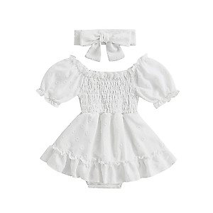 MERSARIPHY Infant Baby Girl Romper Dress Pleated Chiffon Summer Clothes Baby Romper with Headband (White, 0-6 Months)