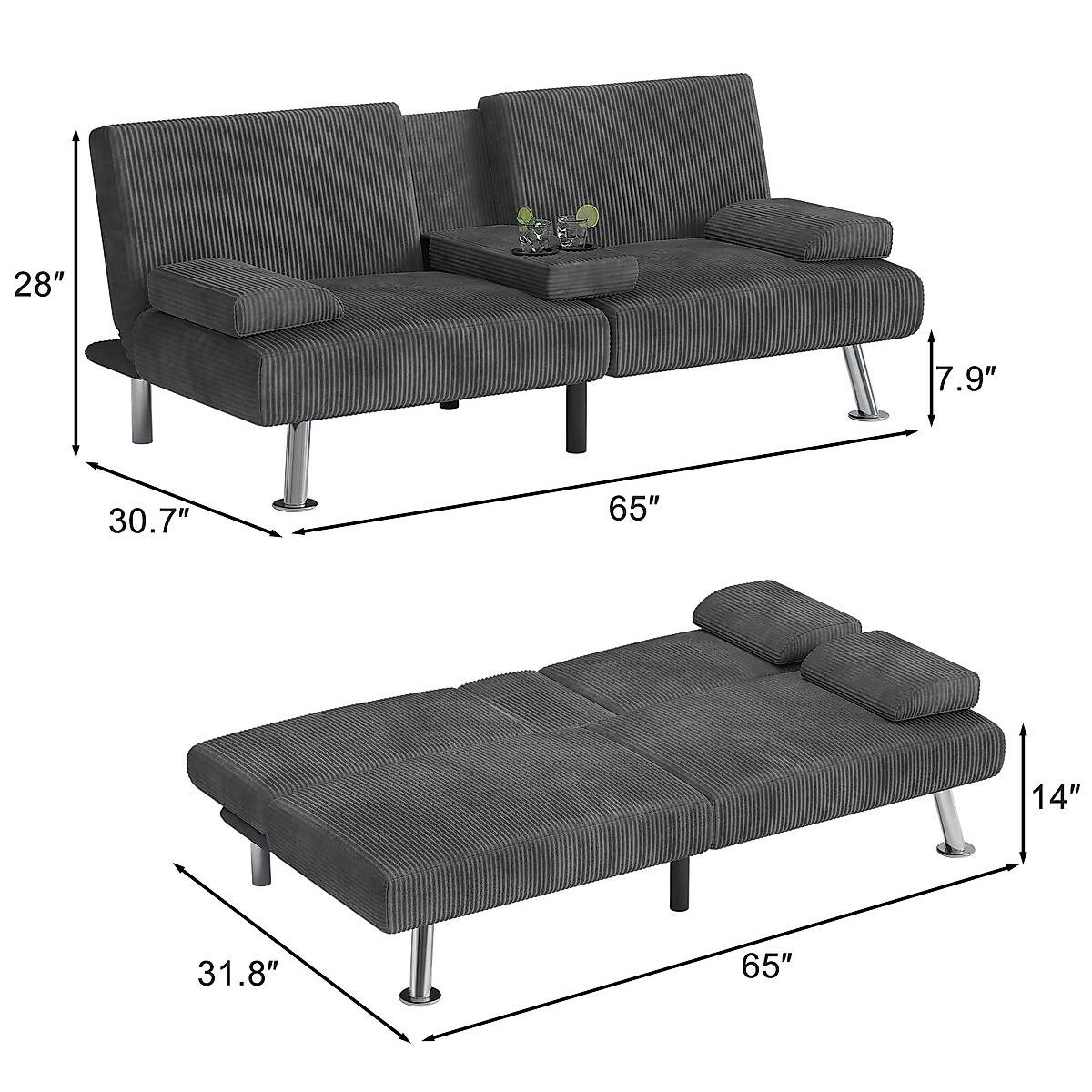 YESHOMY Futon Sofa Bed Corduroy Folding Couch with Removable Armrests, Metal Legs, 2 Cup Holders for Living Room, Grey
